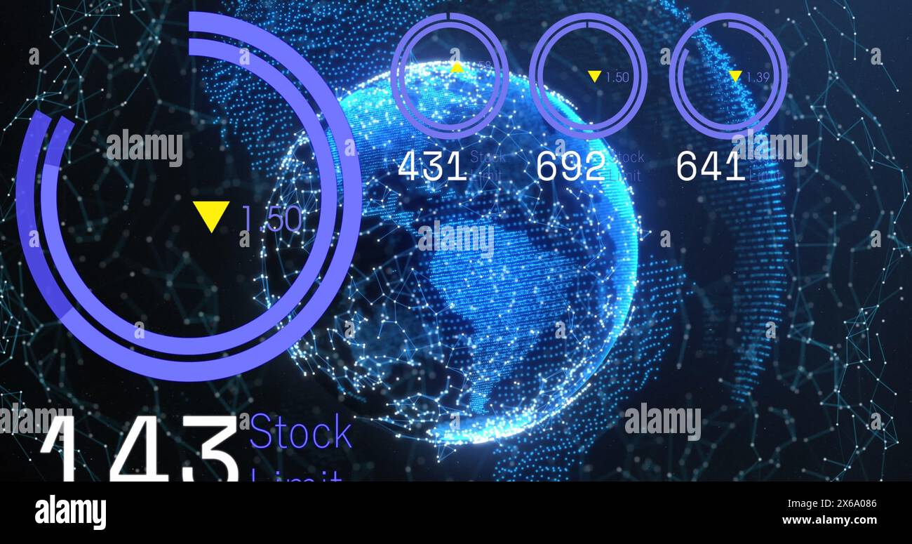 Image of loading circles, changing numbers with connected dots around globe on black background ...