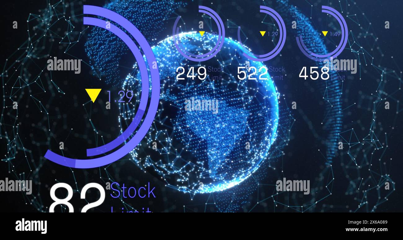 Image of loading circles, changing numbers with connected dots around globe on black background ...