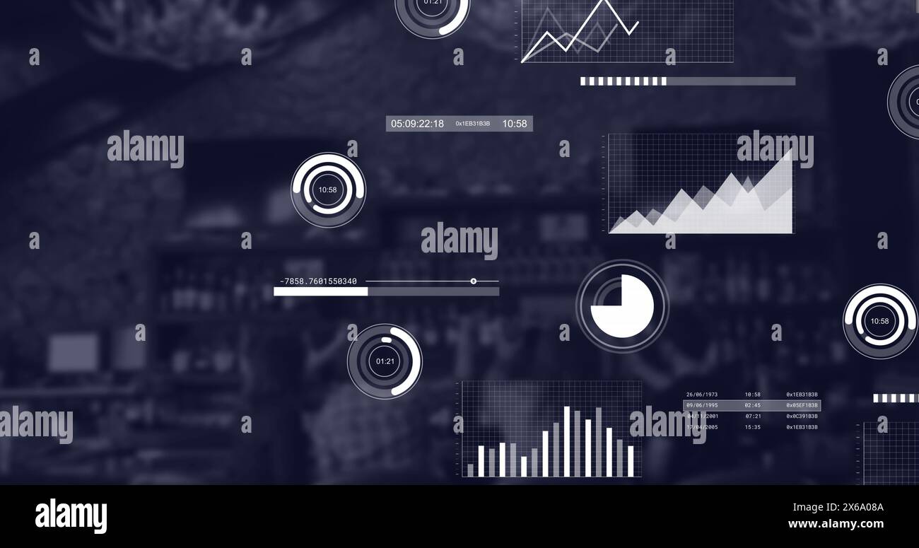 Image of multiple business graphs moving over coffee shop Stock Photo ...