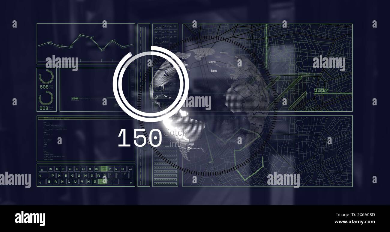 Image of globe, digital map, circle, number, graphs over coffee shop ...