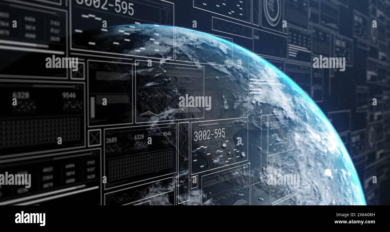 Image of graphs, changing numbers loading bars, circles over globe against abstract background ...