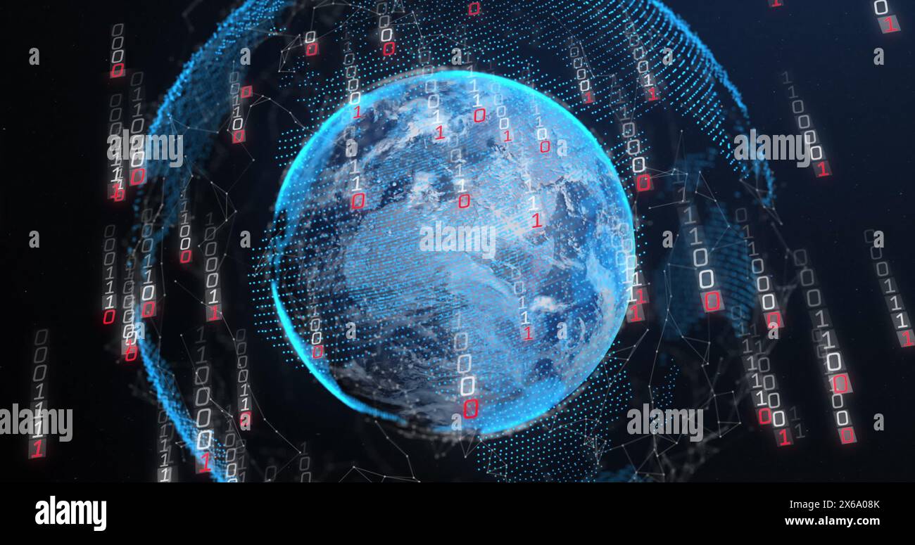 Image of glitched falling binary codes over connected dots around globe on black background ...