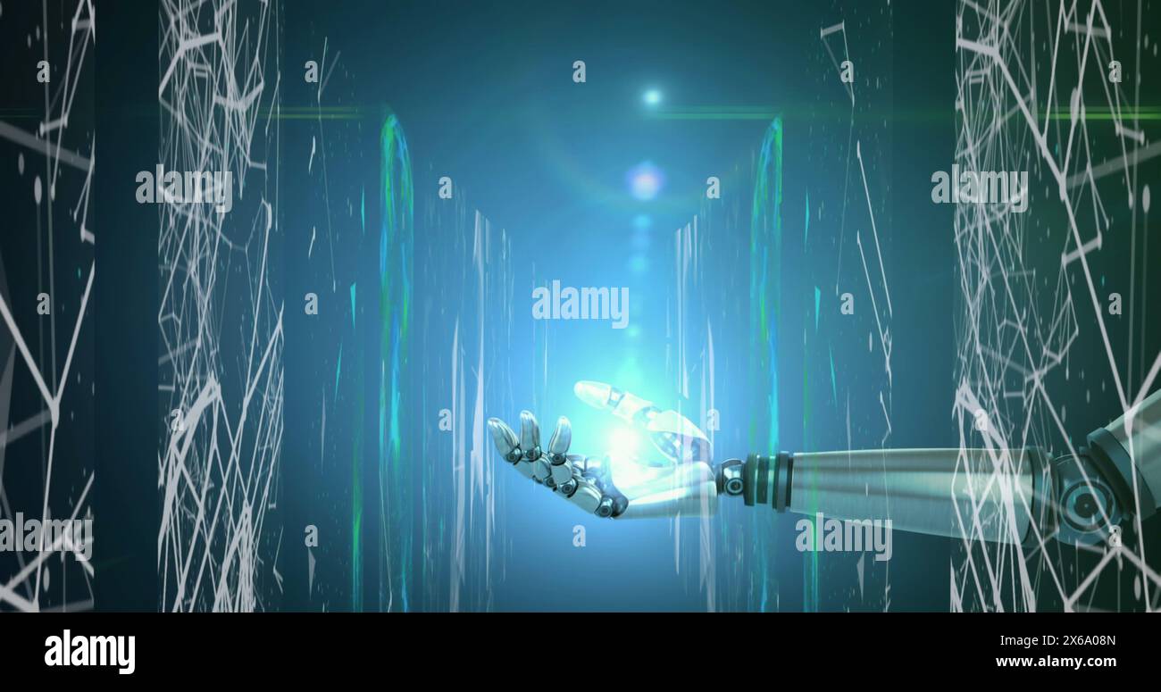 Robot hand reaching for glowing blue light, encircled by digital lines ...