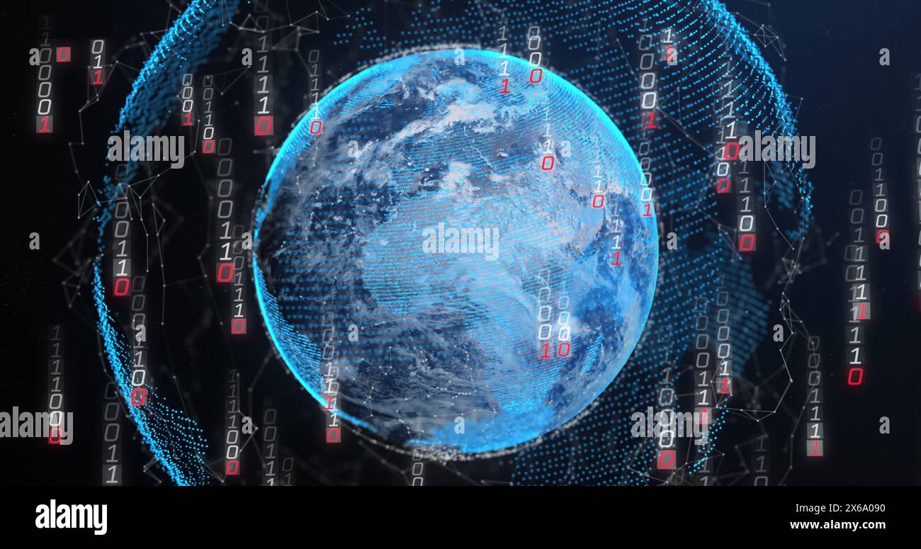 Image of glitched falling binary codes over connected dots around globe on black background ...