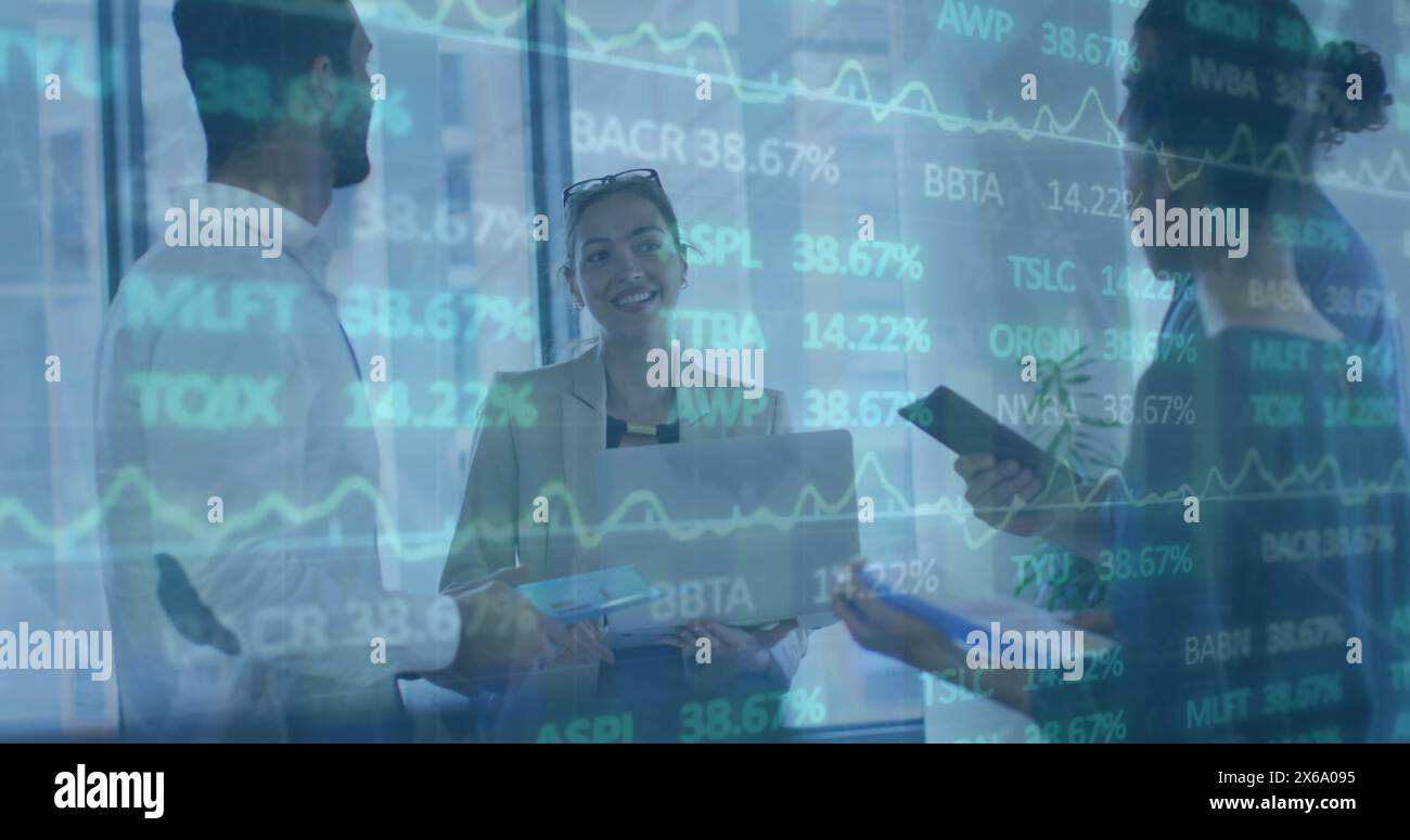 Image of trading board over diverse coworkers standing and discussing ...