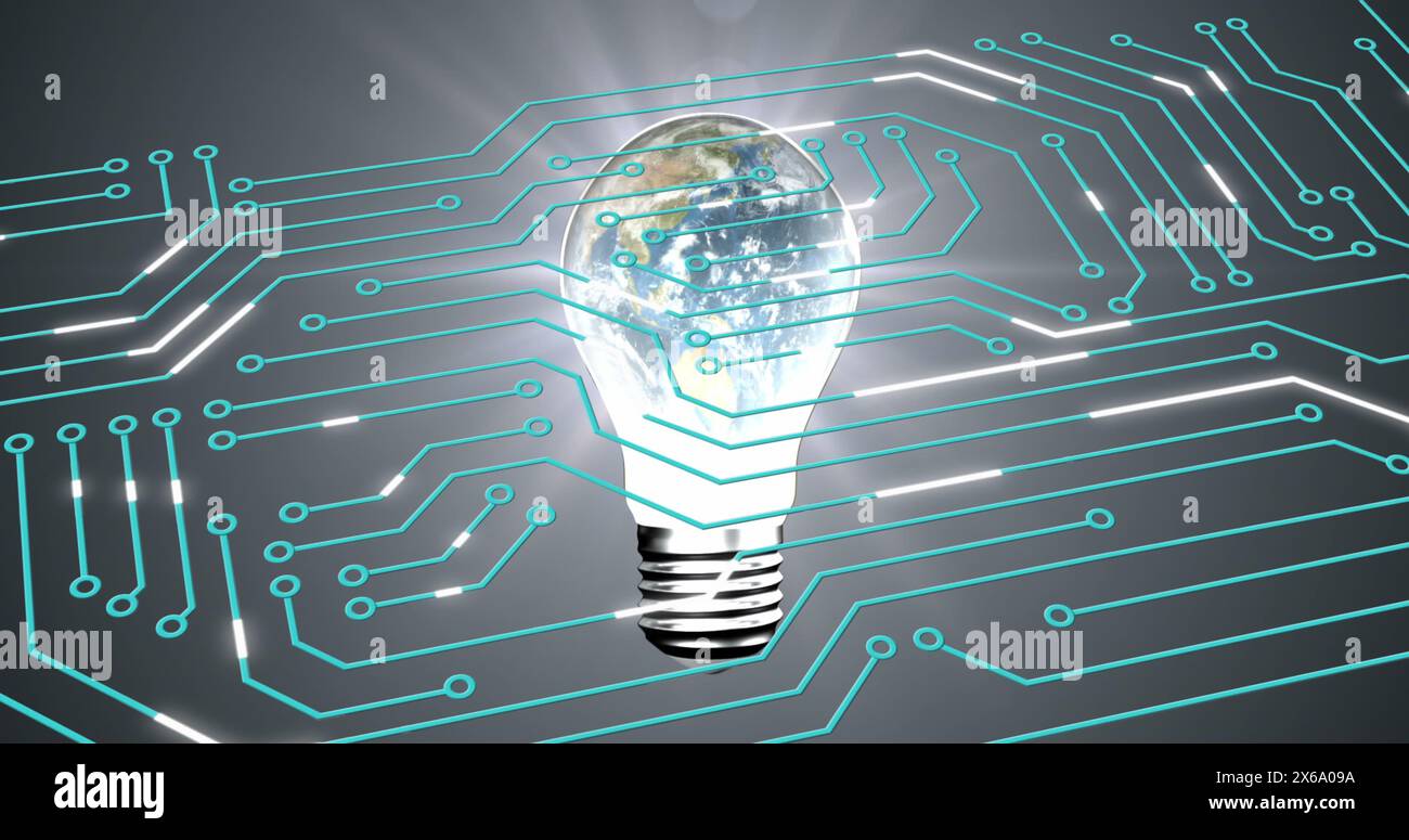 Image of circuit board pattern and globe in illuminated light bulb ...