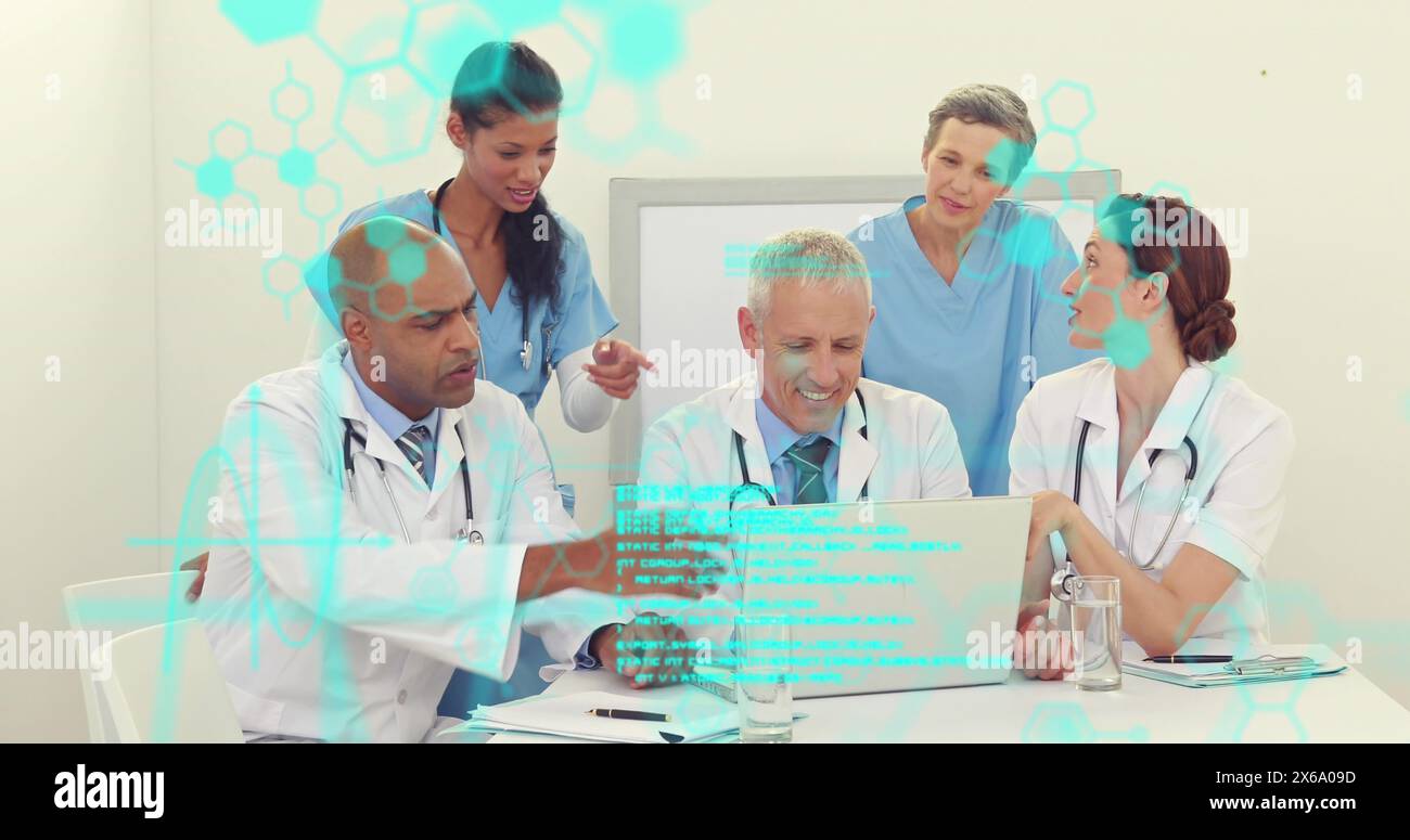 Image Of Molecule Structures And Computer Language Diverse Doctors Discussing Patient Reports
