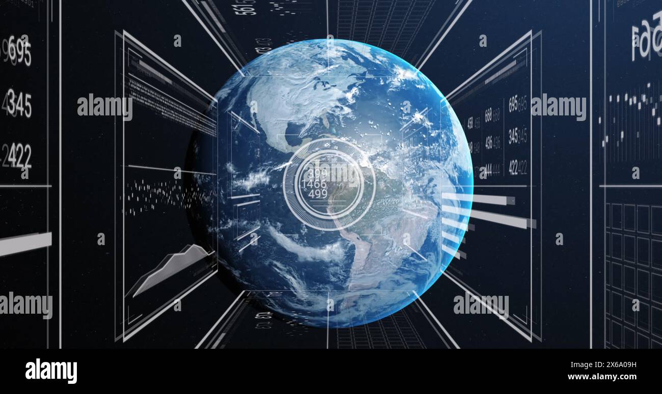 Image of graphs, changing numbers, loading circles and bars over globe on abstract background ...