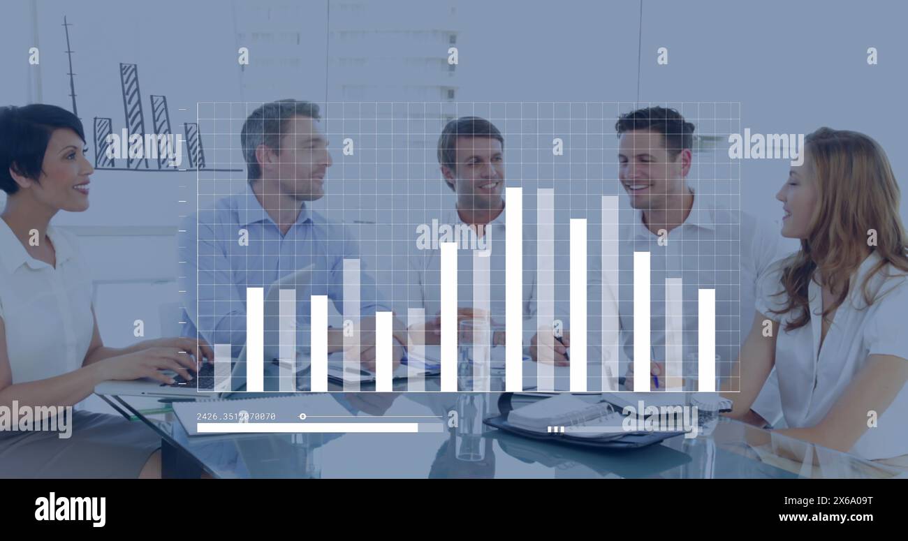 Image of graph and loading bar over diverse coworkers discussing and ...