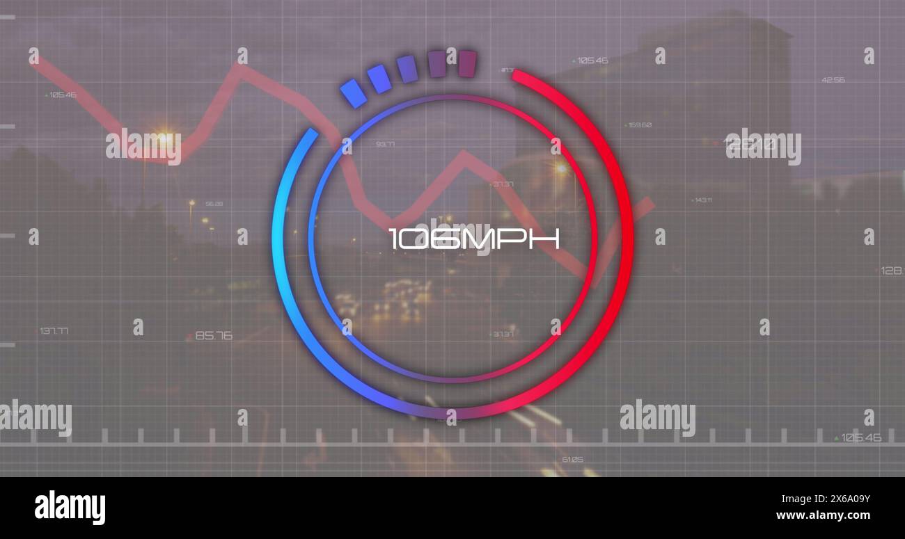 Image of changing numbers in loading speedometer, graphs, time-lapse of moving vehicles in city ...
