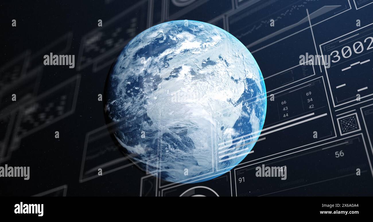 Image of graphs, changing numbers, loading circles and bars over globe on abstract background ...