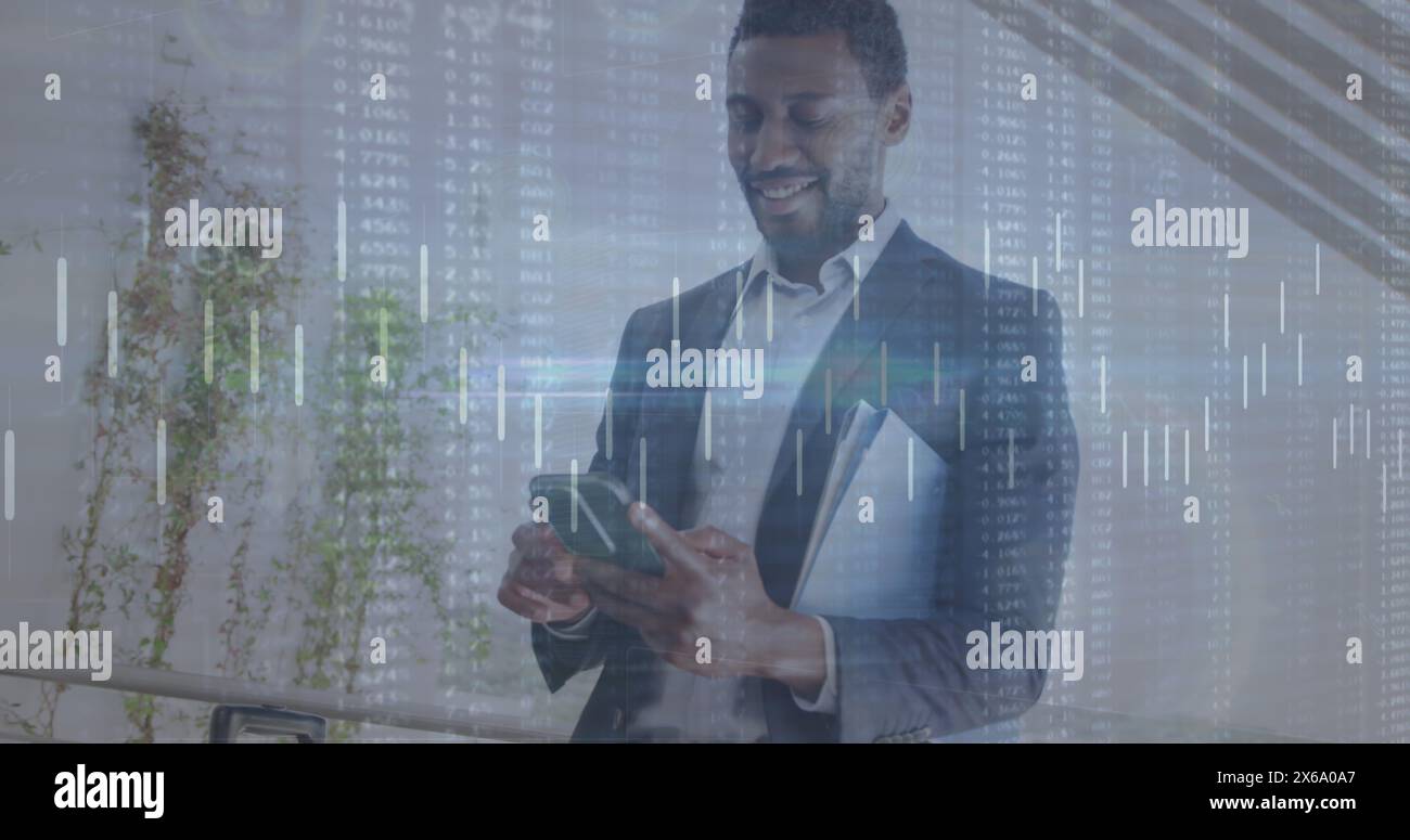 Image of line graphs, changing number, african american man scrolling ...