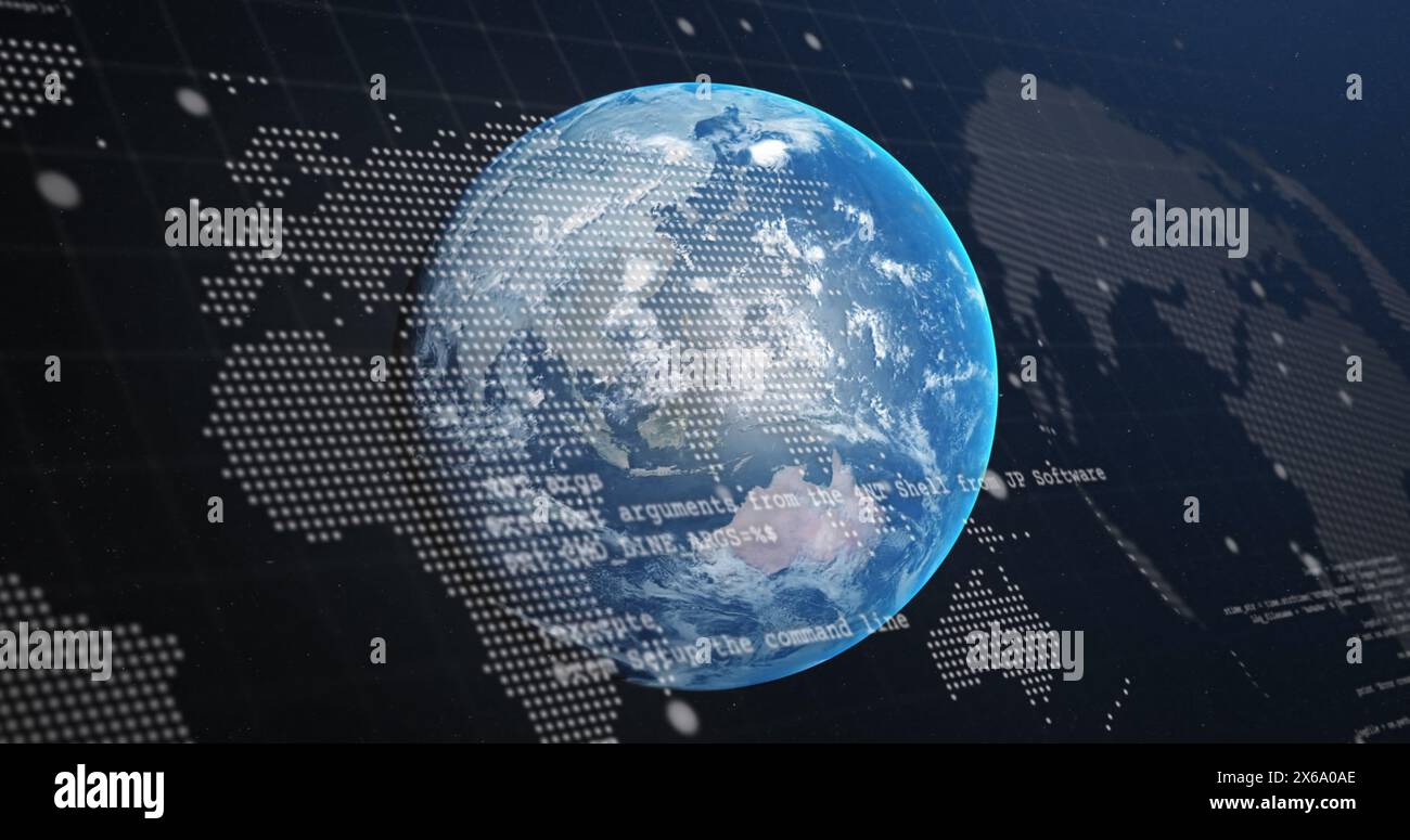 Image of computer language and map over globe against abstract background Stock Photo - Alamy