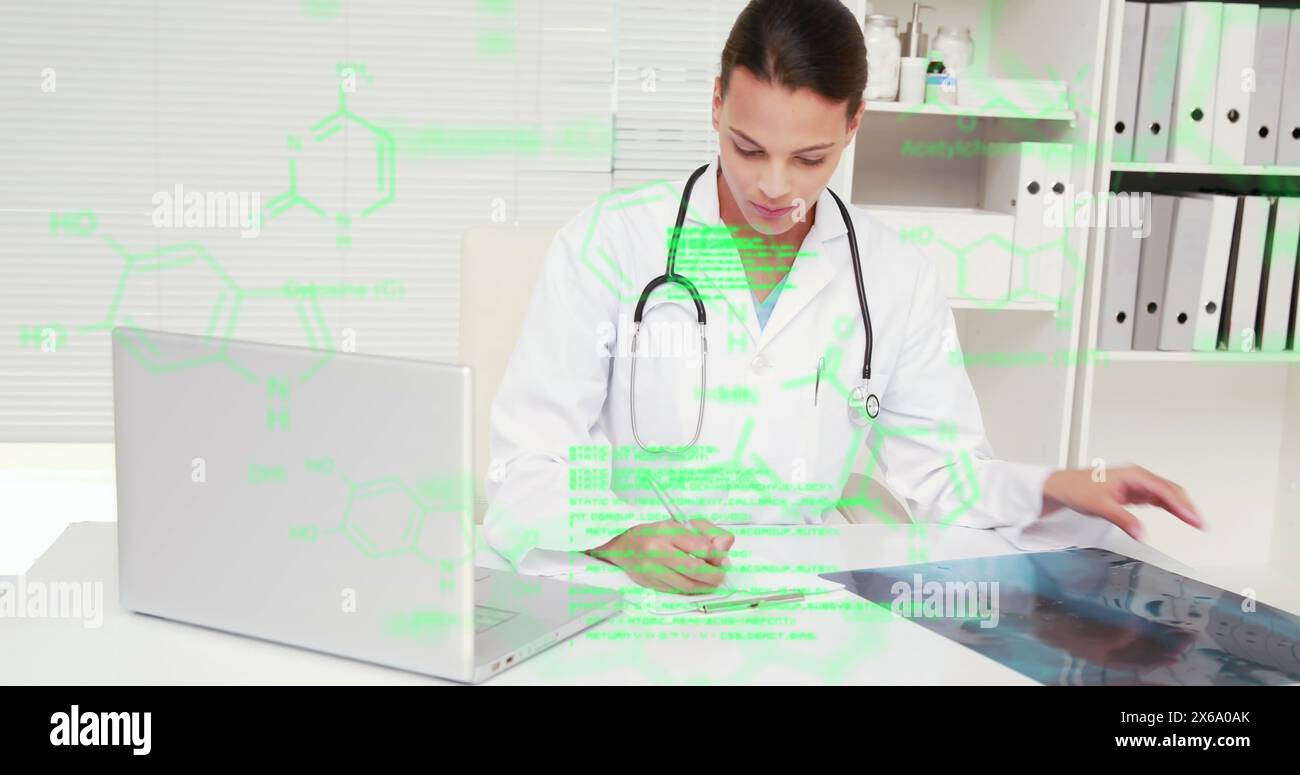 Image of medical data processing over caucasian female doctor examining ...
