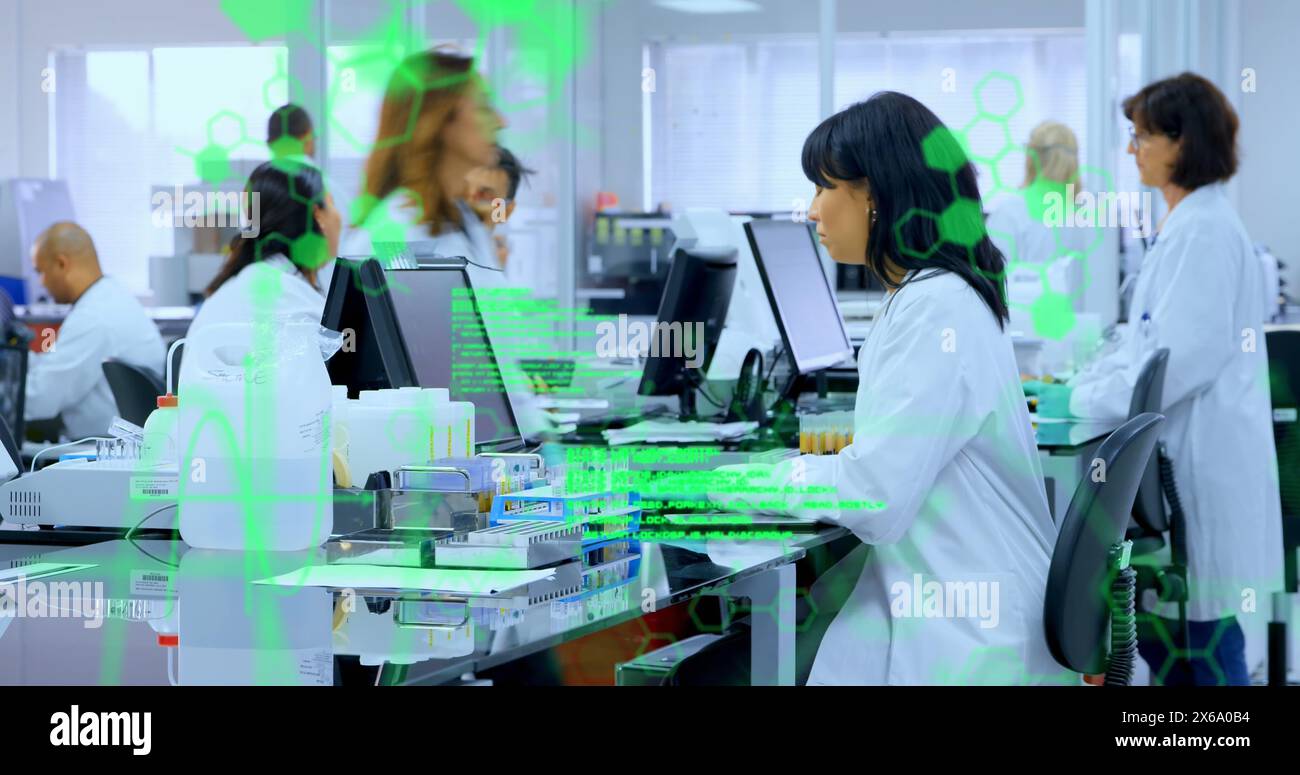 Image of data processing over biracial senior female scientist using computer at laboratory ...