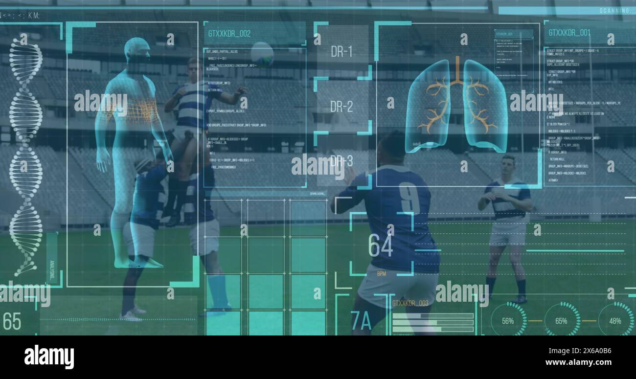 Image of digital interface with data processing over football players ...