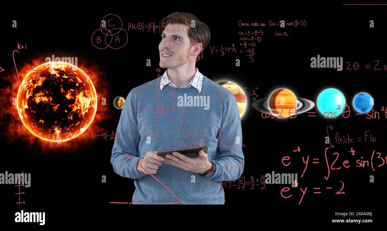 Image of businessman using tablet over equations and solar system Stock ...