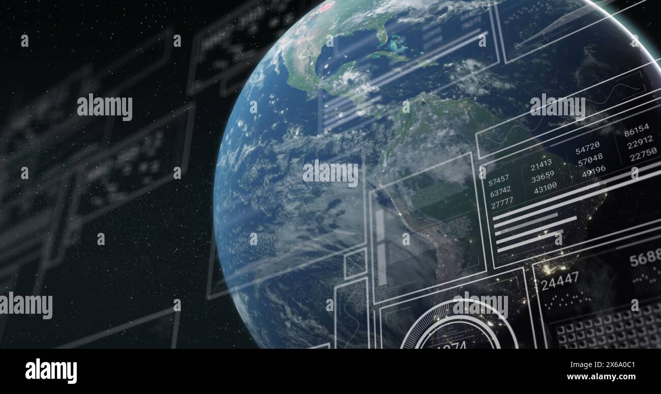 Image of graphs, changing numbers loading bars, circles over globe against abstract background ...