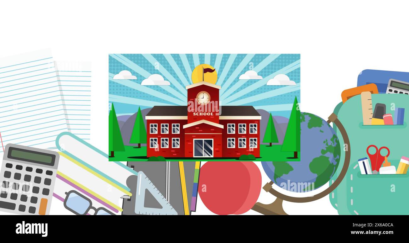 Digital image of school building icon against multiple school concept ...
