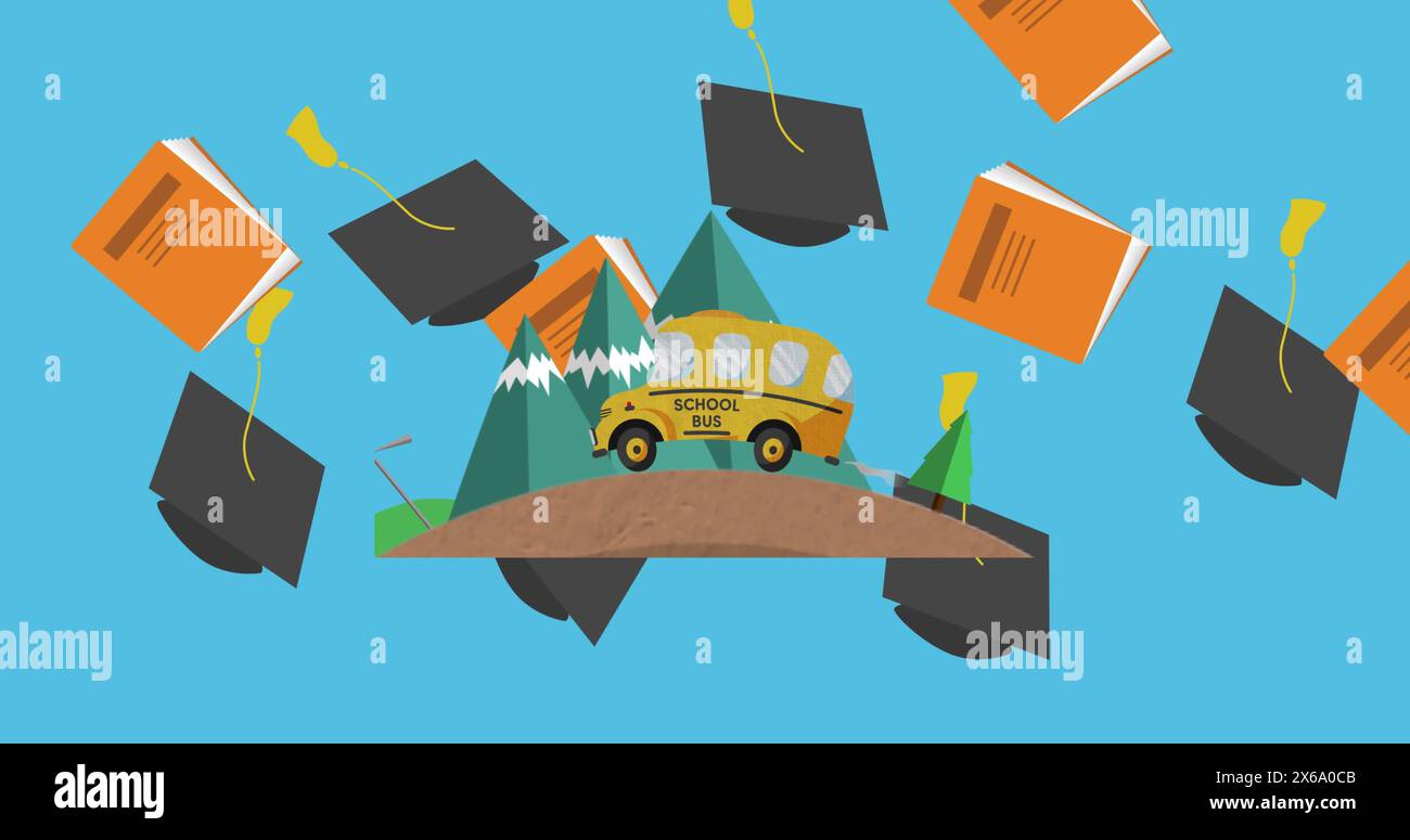 Graduation hat and book icons falling over school bus icon against blue ...