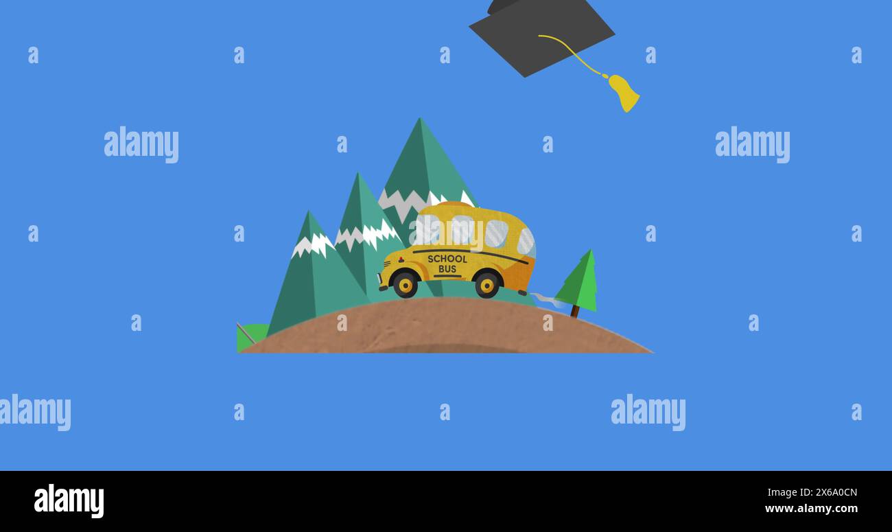 Digital image of graduation hat icons falling over school bus icon ...