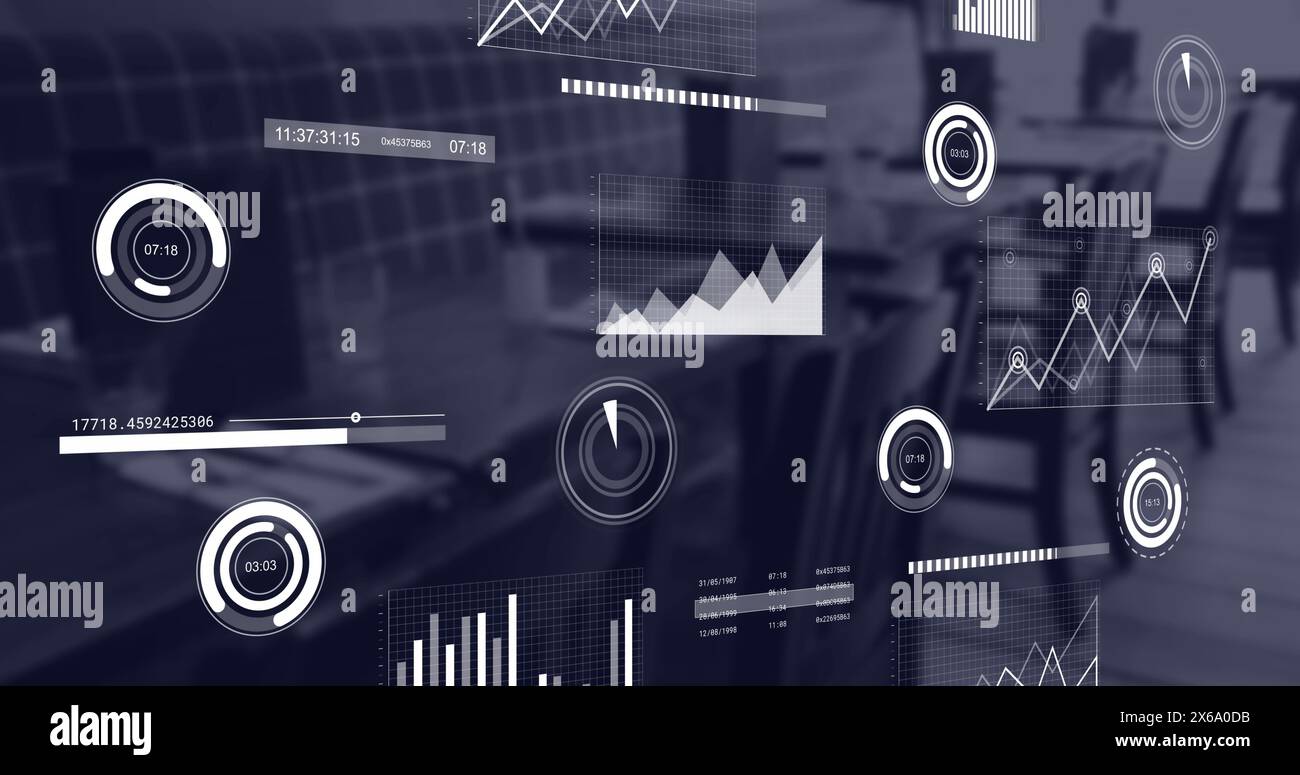 Image of multiple graphs moving over empty chairs and tables arranged ... Image of multiple graphs moving over empty chairs and tables arranged ...