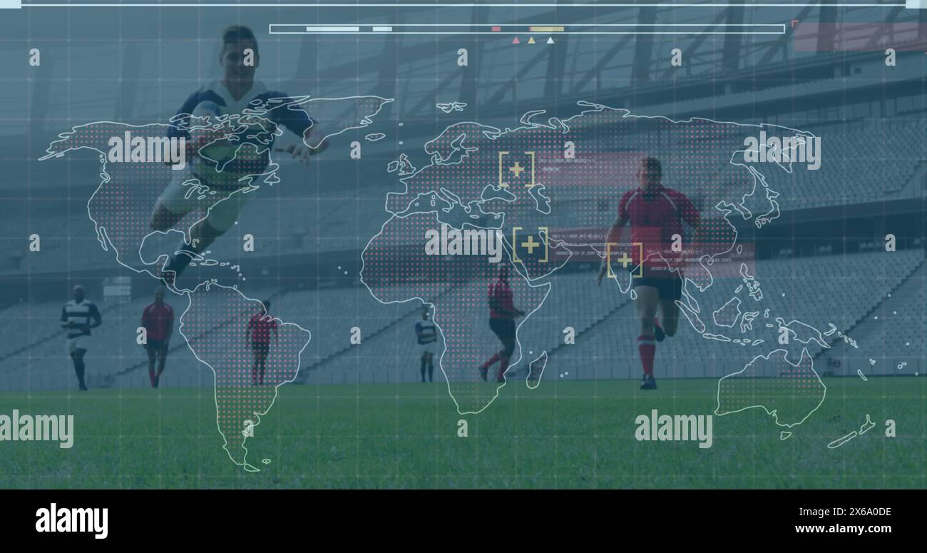 Image of digital interface with world map over football players Stock ...