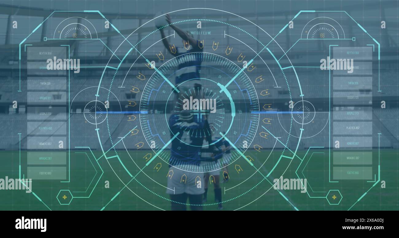 Image of digital interface with scope scanning over football players ...
