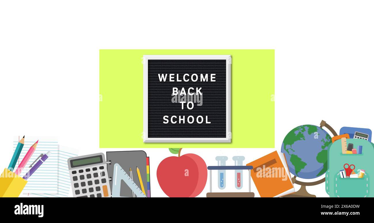 Image of welcome back to school text over school items icons Stock ...