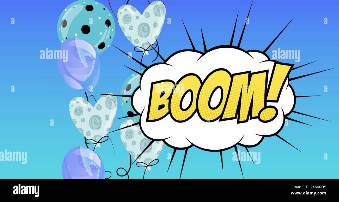 Image of the word boom in yellow on cloud, with floating balloons on ...