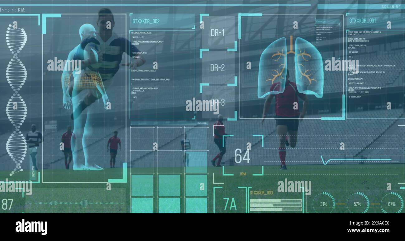 Image of digital interface with data processing over football players ...