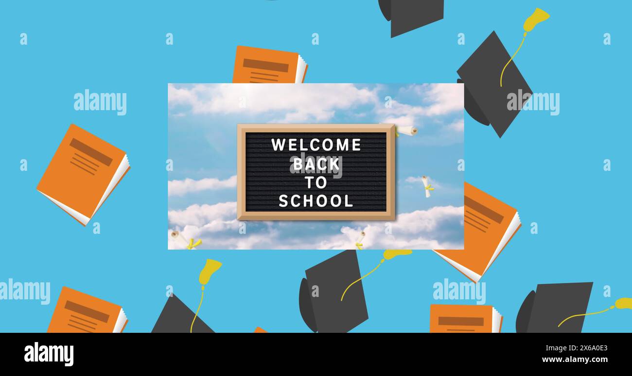 Graduation hat and book icons falling over back to school text on ...