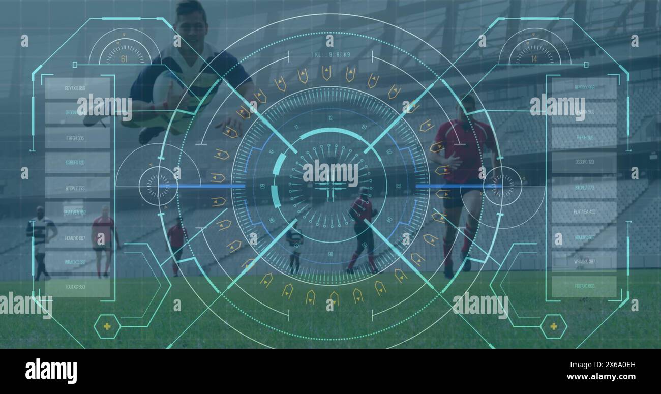 Image of digital interface with scope scanning over football players ...