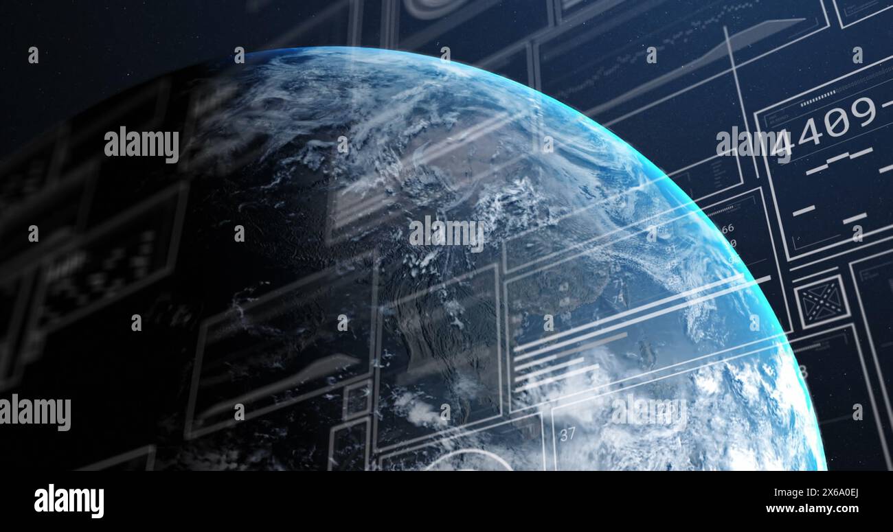 Image of graphs, changing numbers loading bars, circles over globe against abstract background ...
