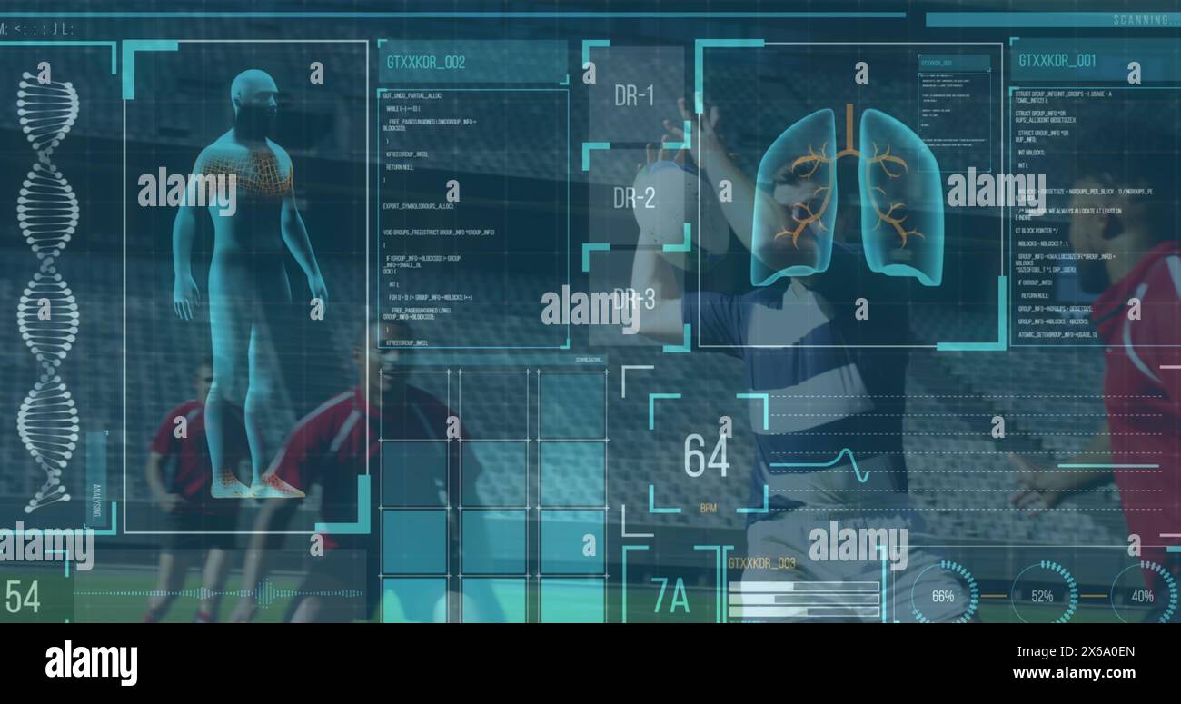Image of digital interface with data processing over football players ...