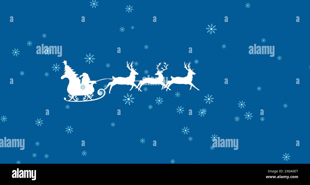 Image of falling snow over santa claus in sleigh with reindeer Stock ...