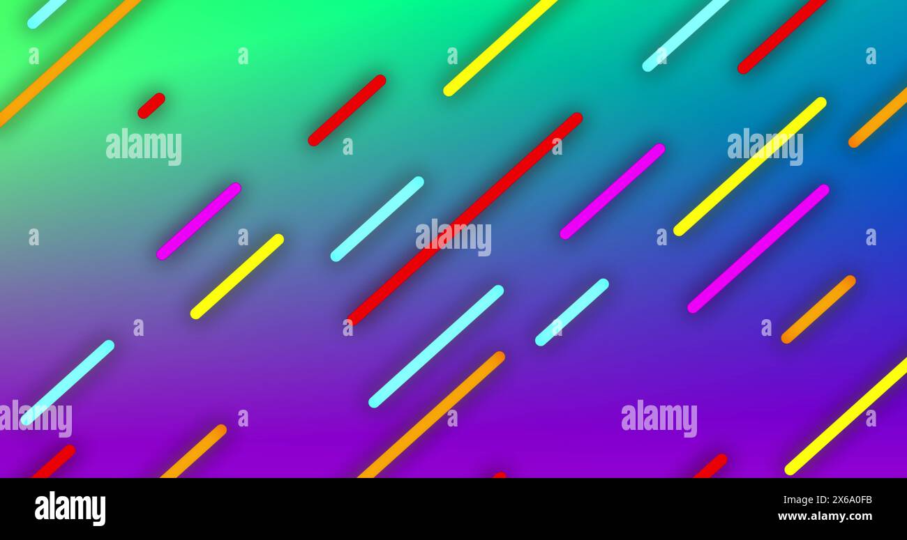Image of colourful lines moving diagonally on green and purple ...