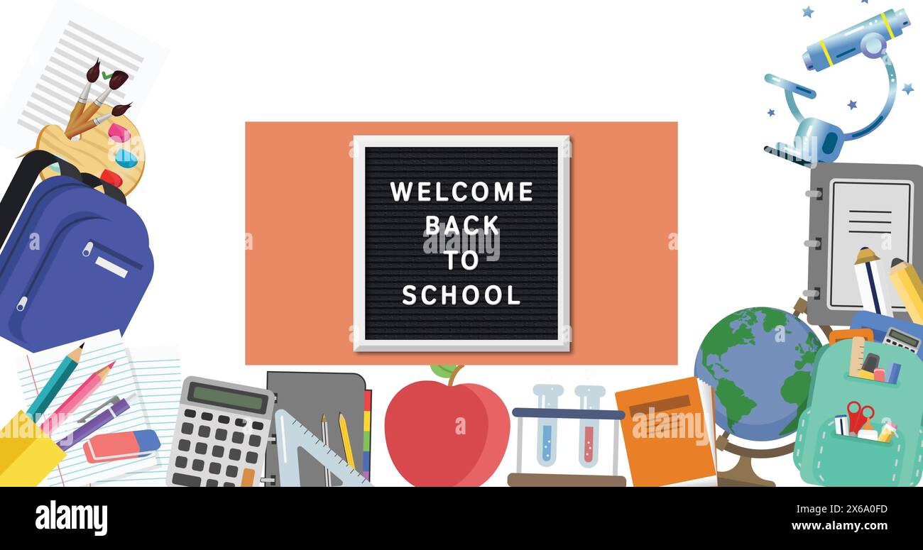 Back to school text on wooden slate against multiple school concept ...