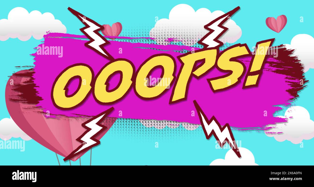 Image of the word oops in yellow with floating heart balloons and gift ...