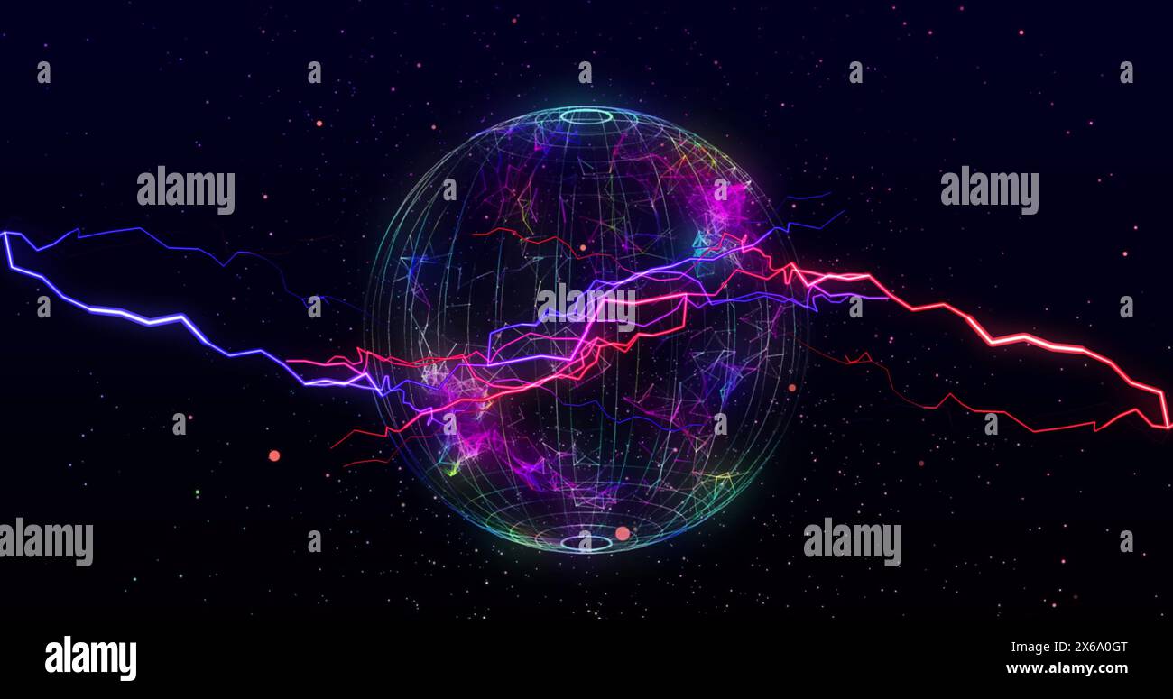 Vivid lightning bolts are striking glowing digital sphere against a starry sky Stock Photo - Alamy