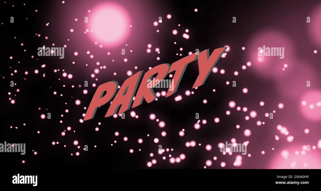 Image of party text in orange letters over pink spots of light on pink ...