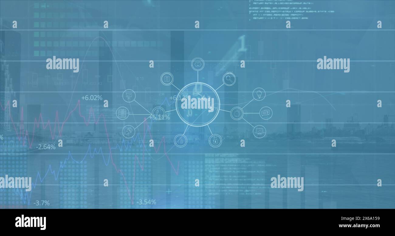 Image of financial graphs and data over navy digital screen with globe and cityscape Stock Photo ...