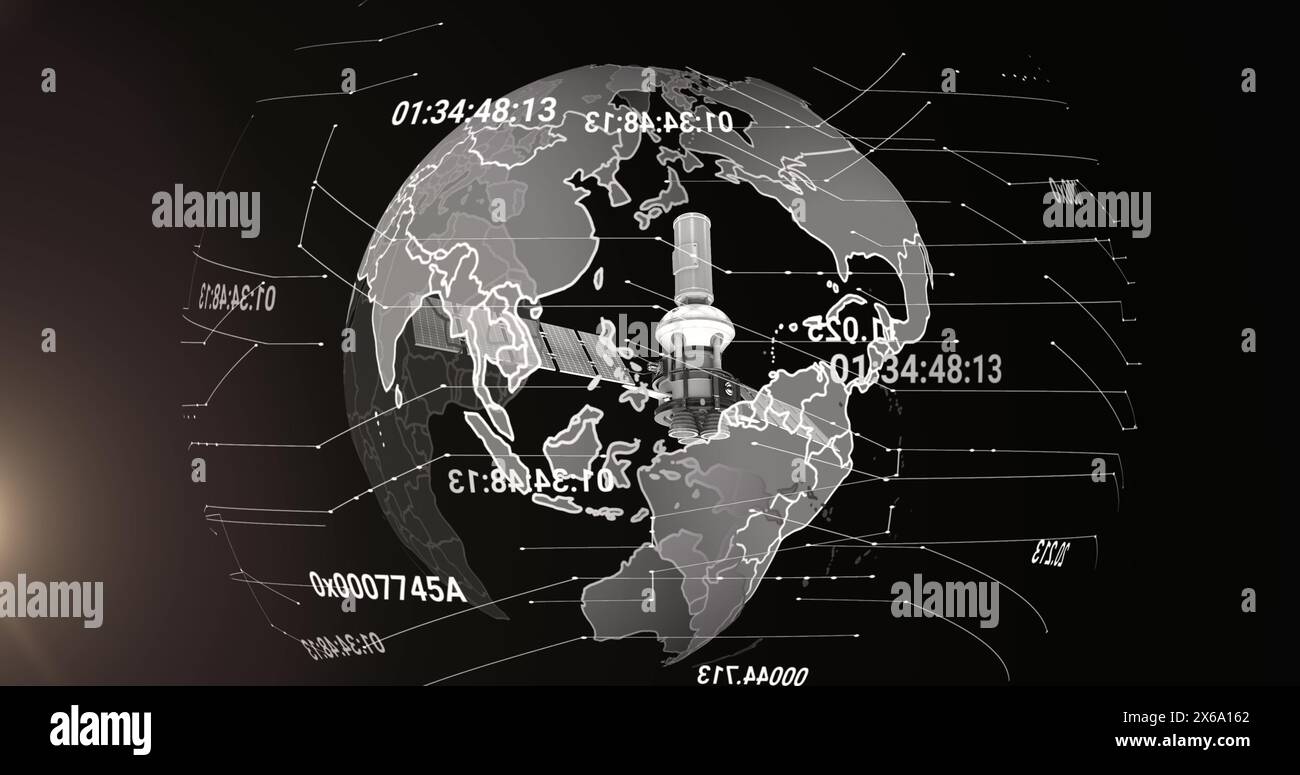 Image of satellite over globe and numbers processing on black ...