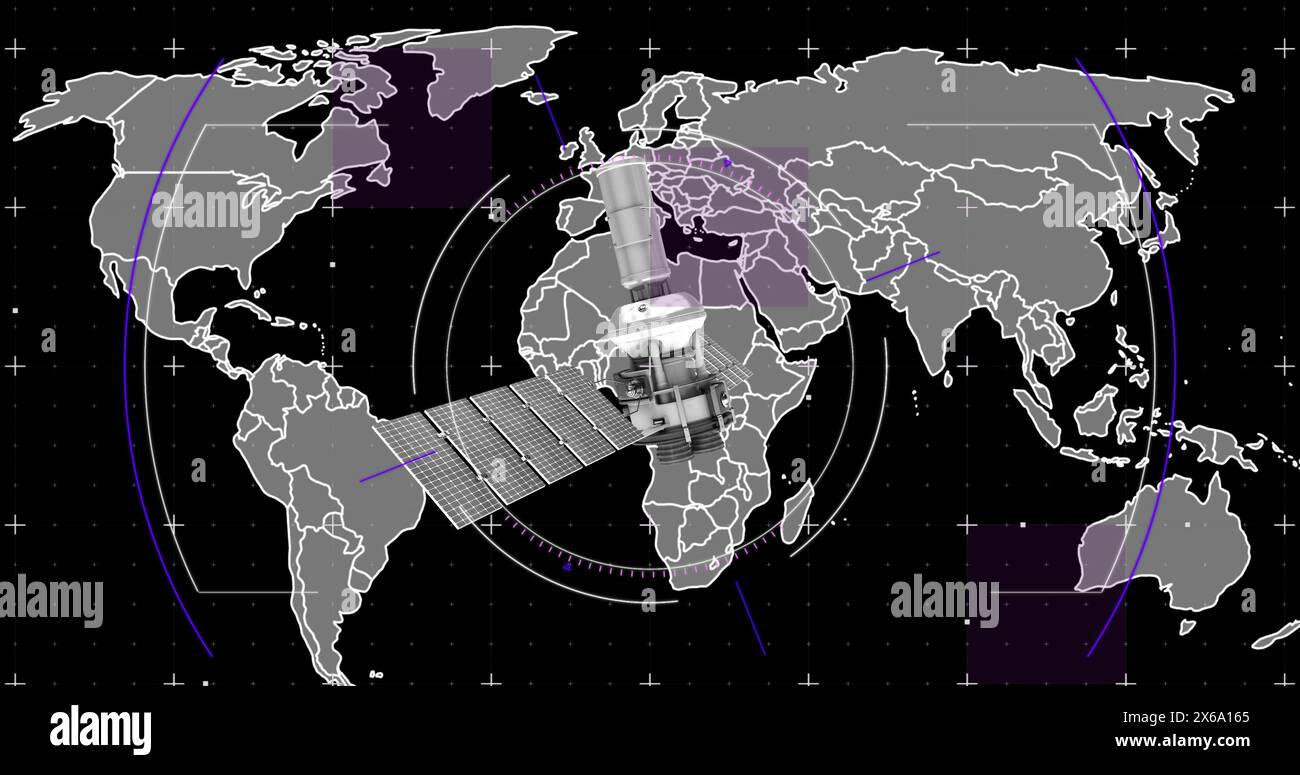 Image of satellite over world map and scope scanning on black ...