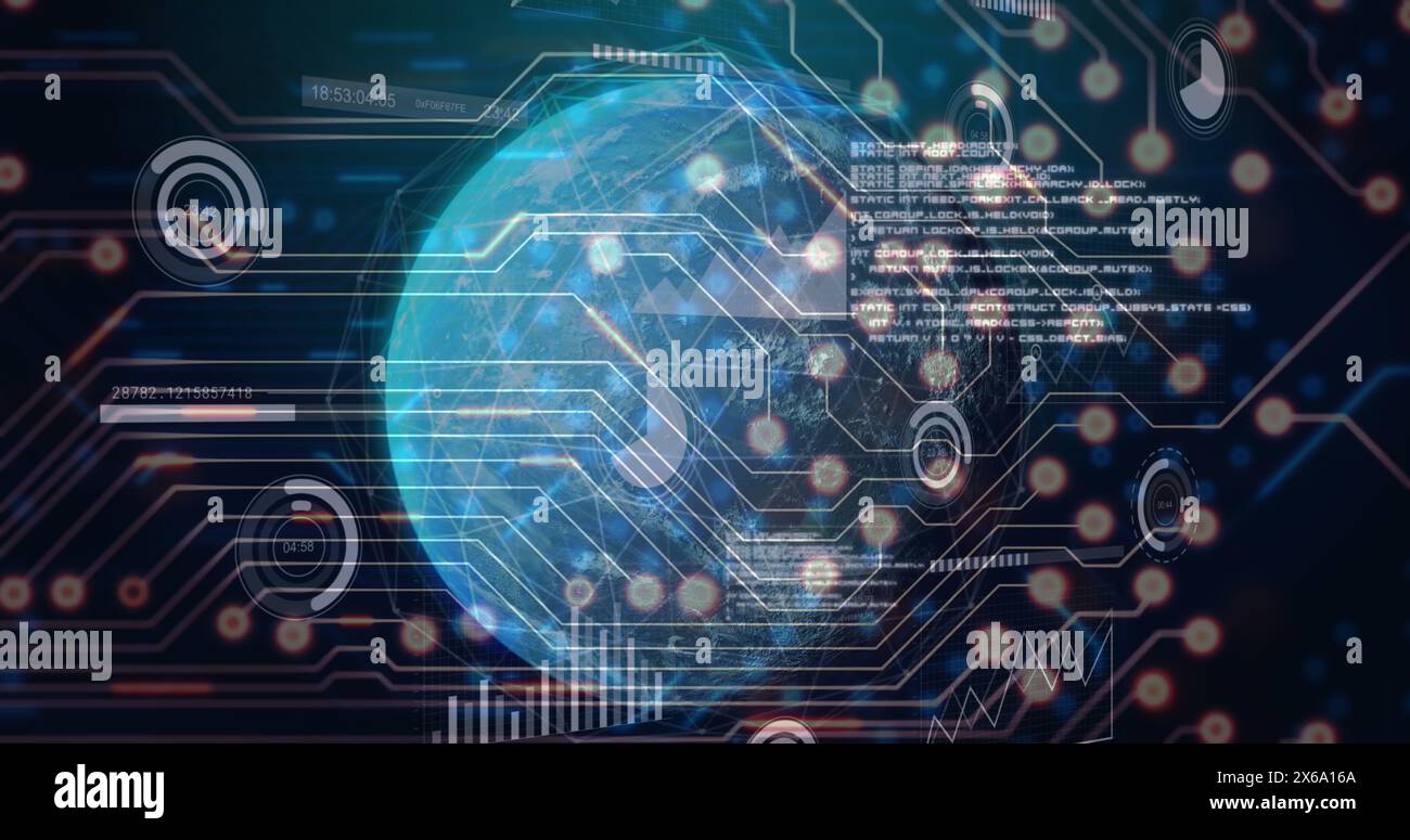 Image Of Computer Circuit Board Over Globe With Data Processing On