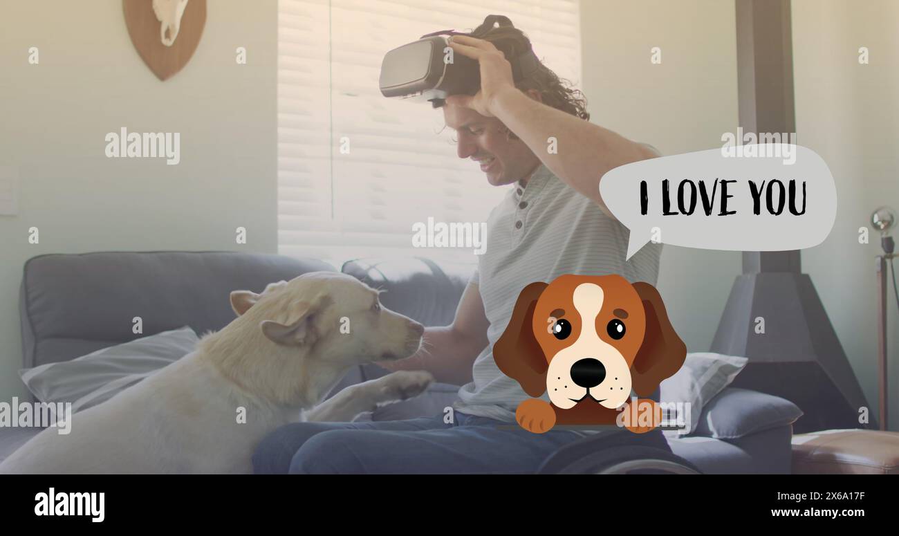 Image of i love you text over caucasian man with vr headset petting dog ...