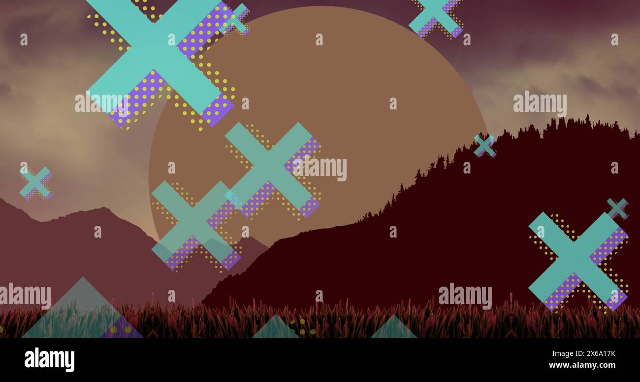Image of crosses over sun and landscape Stock Photo - Alamy
