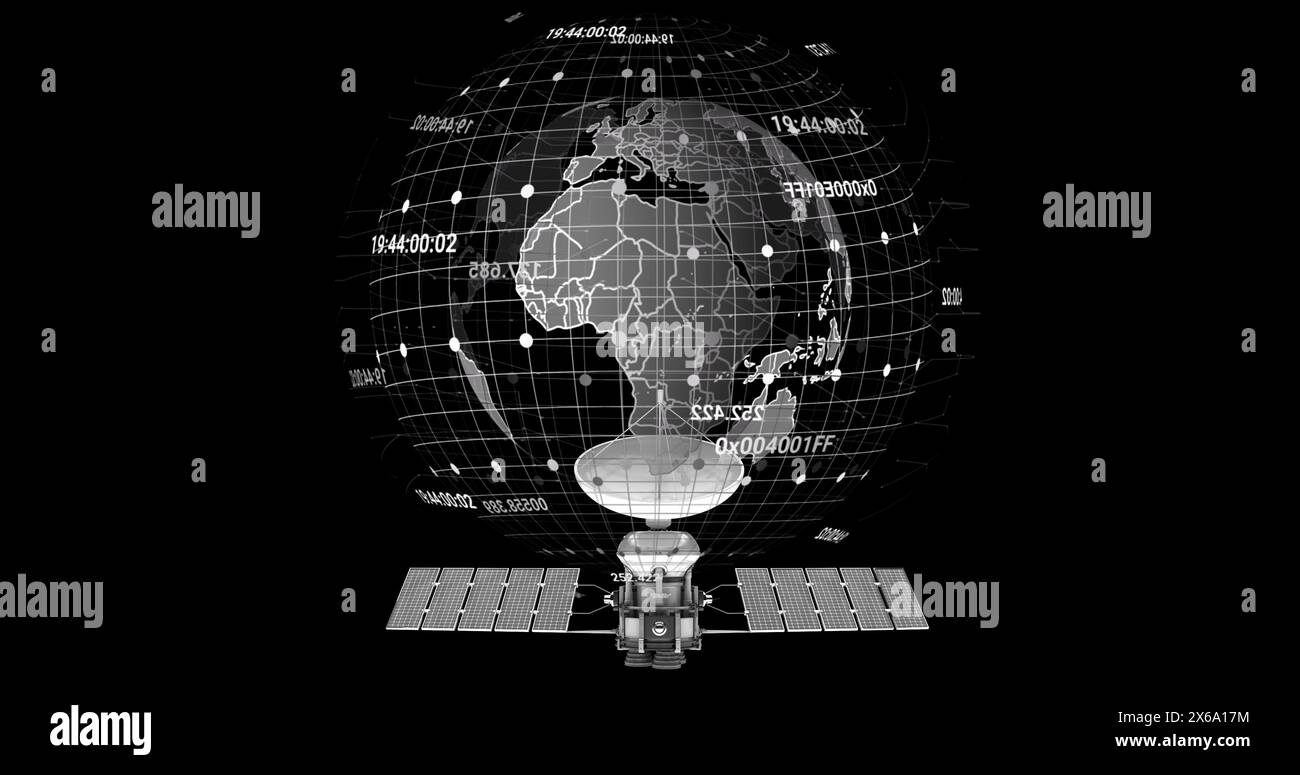 Image of satellite over globe and numbers processing on black ...