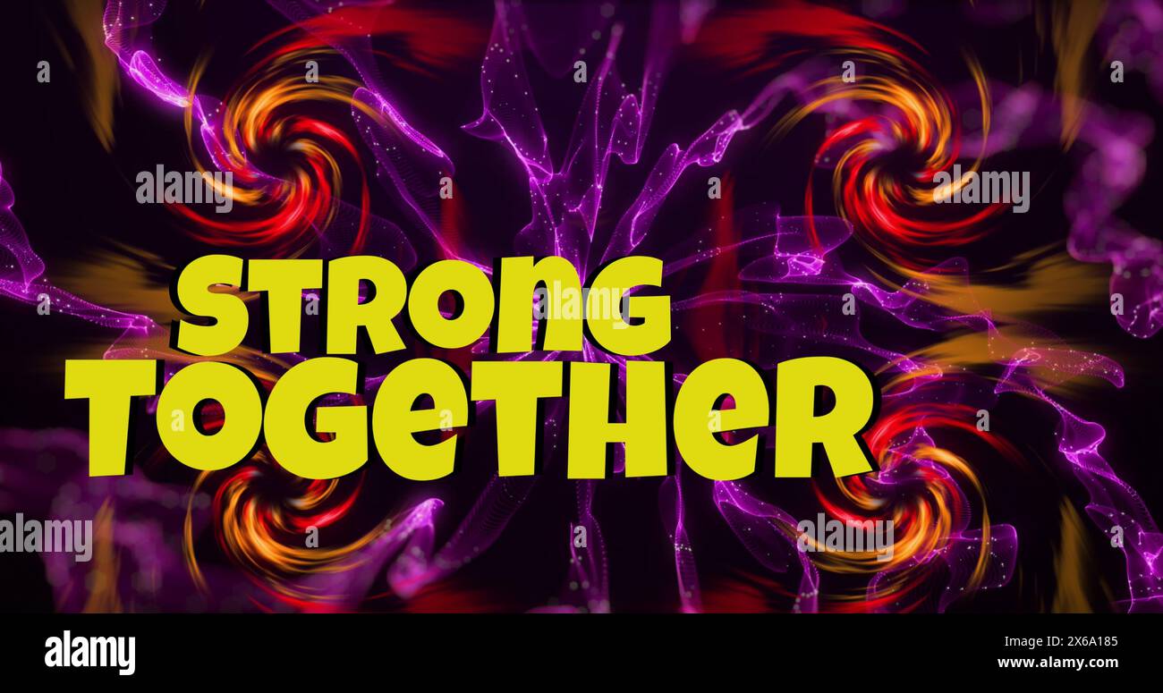 Image of strong together over spiral flames and purple shapes on black ...