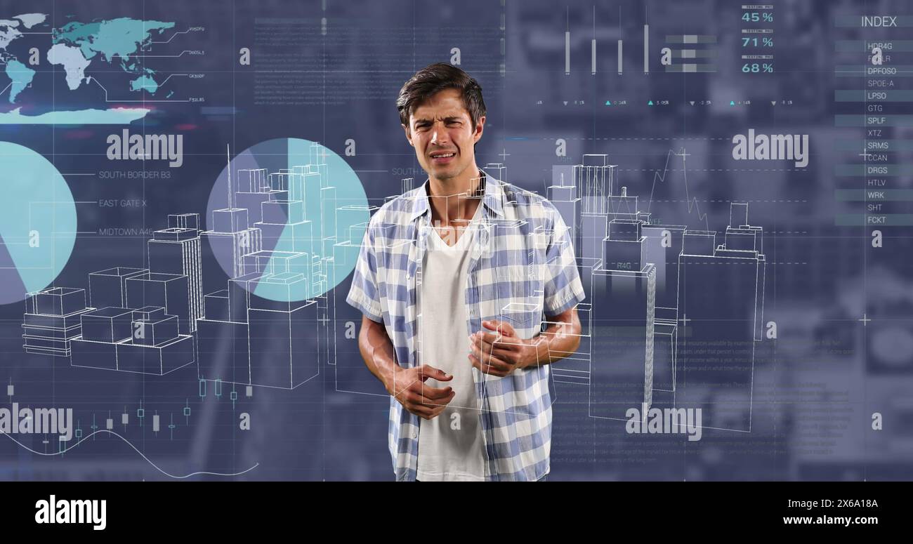 Image of digital city and data processing over caucasian man Stock ...